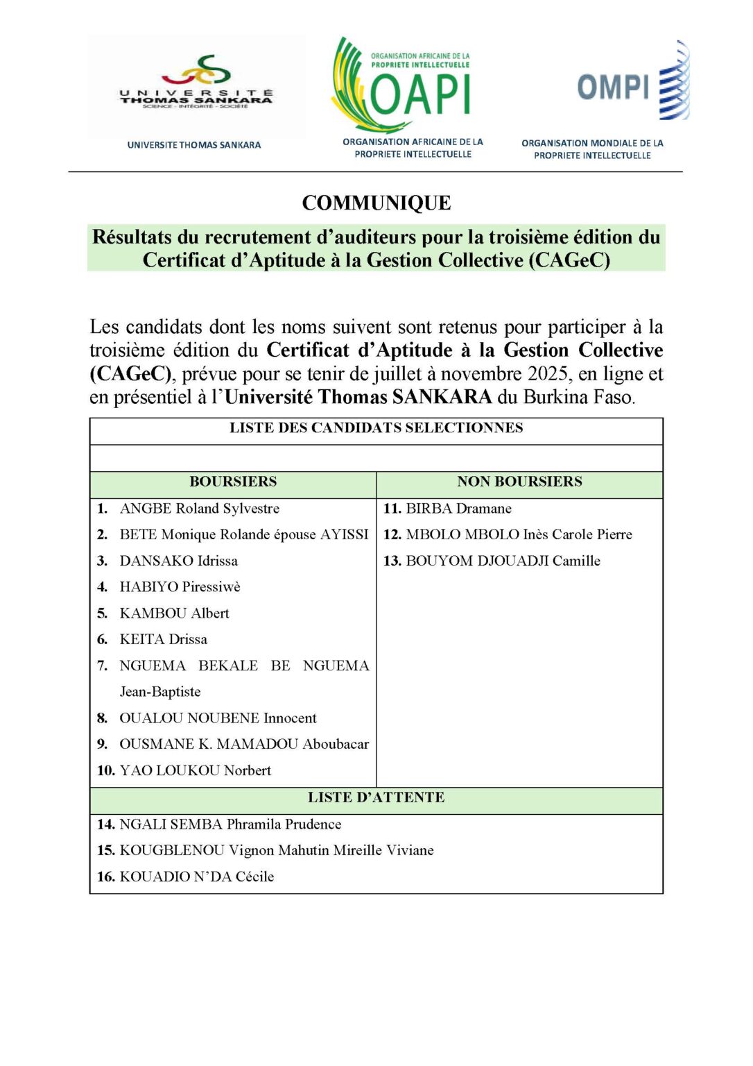 Résultats du recrutement d’auditeurs pour la troisième édition du ...